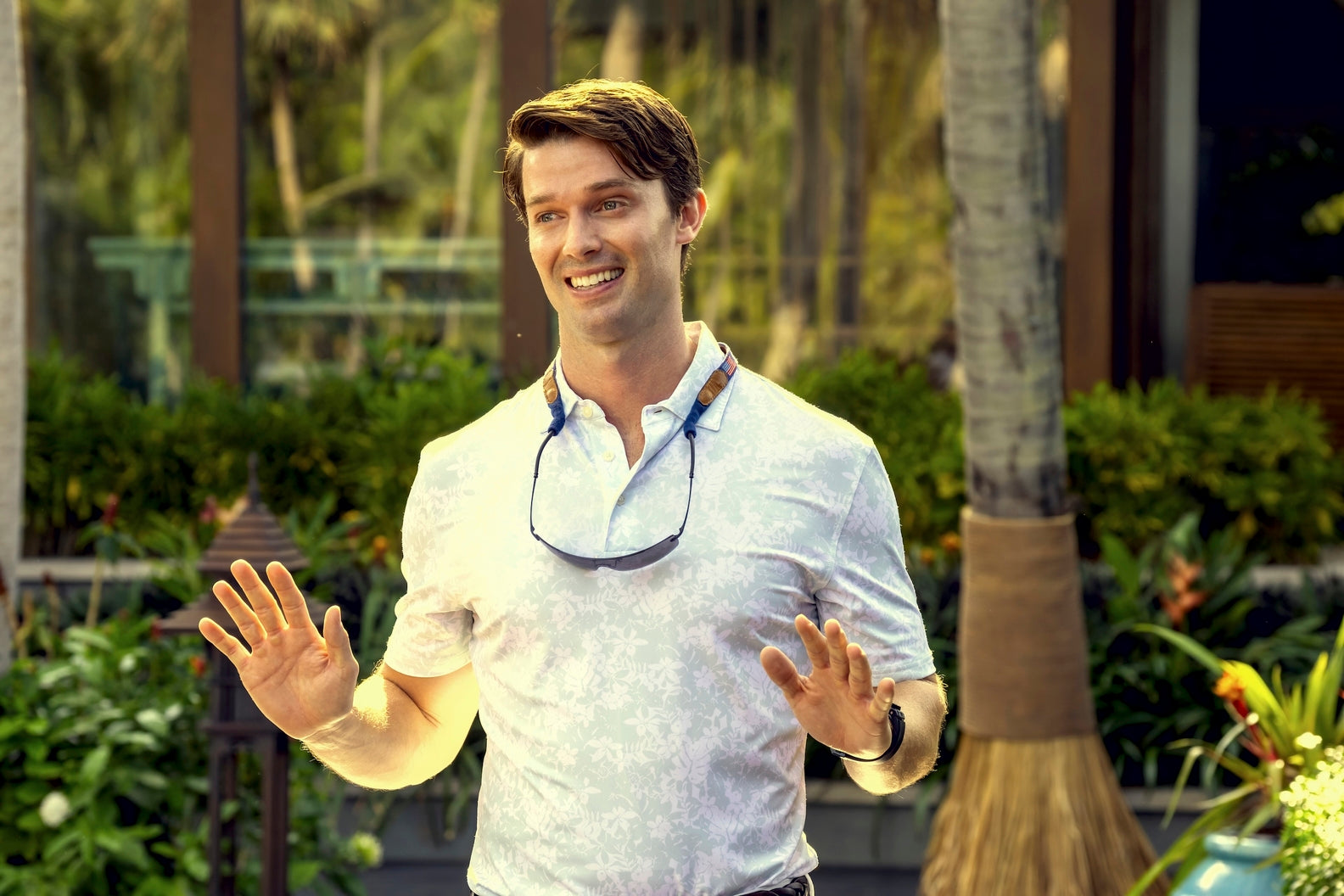Seek to Shop: Patrick Schwarzenegger as Saxon Ratliff Fashion & Outfits from The White Lotus ...